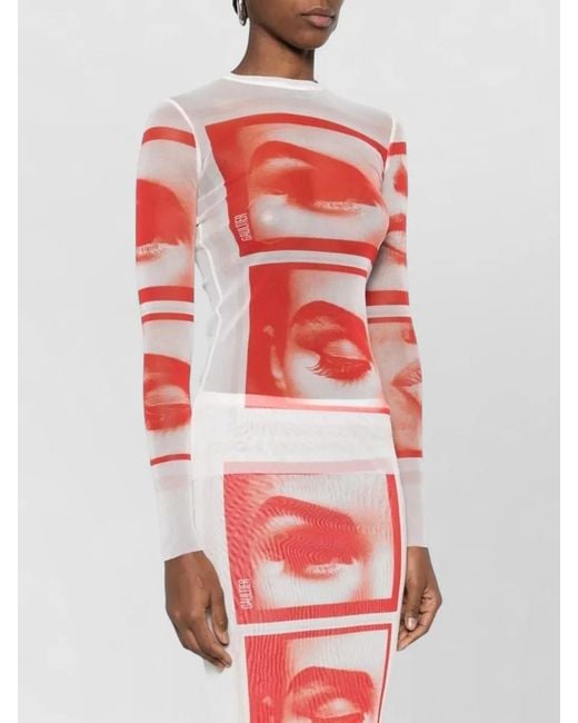 Jean Paul Gaultier Long Sleeve Stretch Sheer Graphic Crew Top in Pink ...
