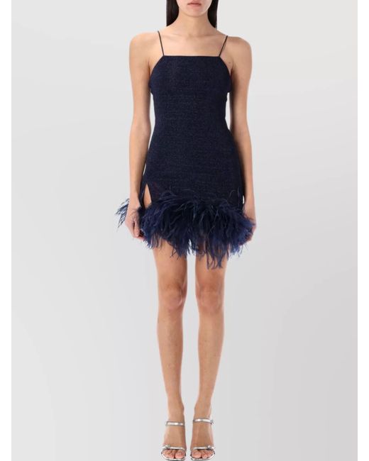 Oséree Feather Trim Glitter Laminated Mini Dress in Blue | Lyst