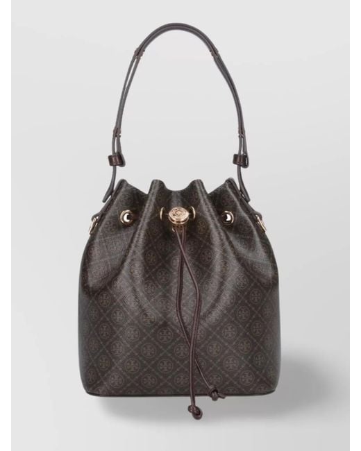 Tory Burch Bucket Bag With Monogram Pattern And Top Handle in Black | Lyst