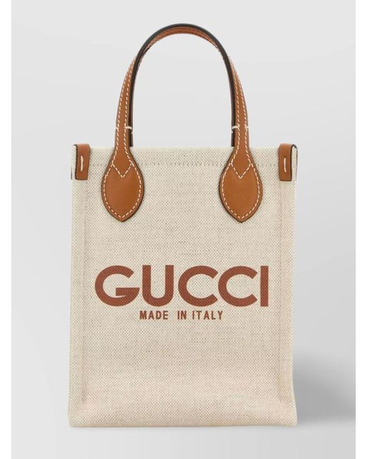 Gucci Canvas Handbag With Contrast Stitching And Top Handles in Natural ...