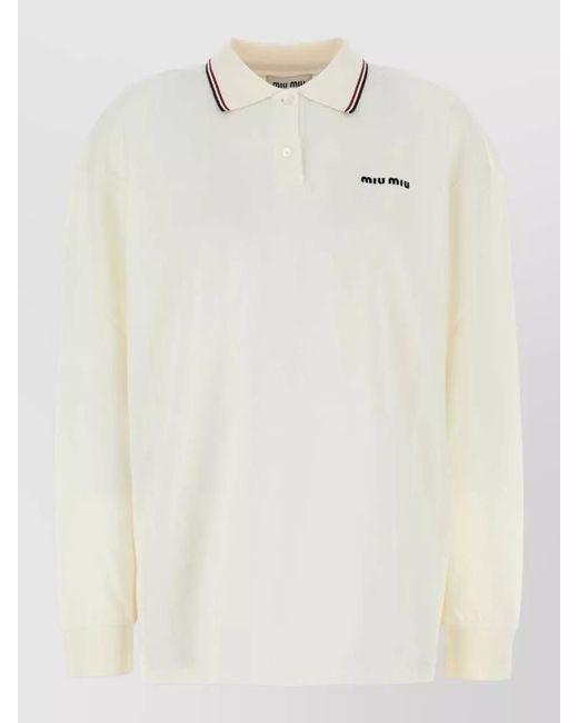 Miu Miu Collared Long Sleeve Polo With Ribbed Cuffs in White | Lyst UK