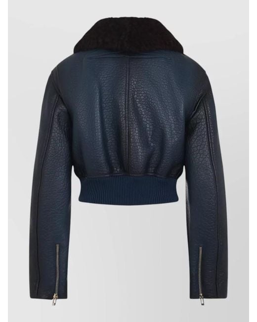 Alaïa Shearling Collar Textured Leather Zipped Jacket in Blue | Lyst UK