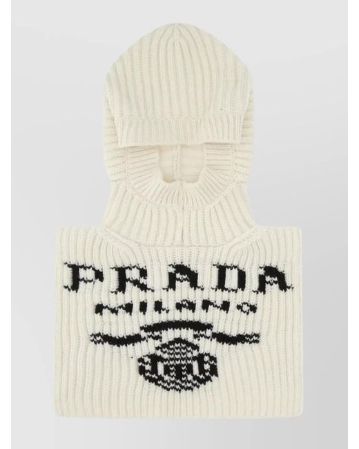 Prada Cashmere Balaclava With Folded Brim And Logo Placement in White ...