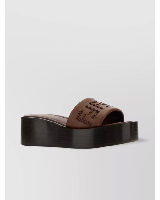 Fendi Embroidered Detail Platform Slides in Brown | Lyst