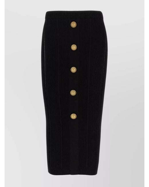 Balmain High-Waisted Ribbed Midi Skirt With Buttons in Black | Lyst