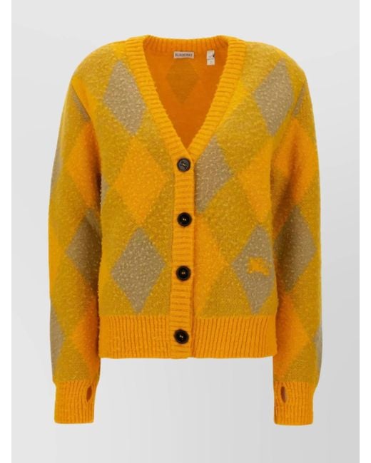 Burberry Wool Cardigan With Embroidered Argyle Pattern in Yellow | Lyst