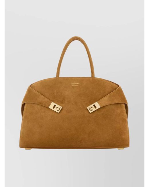 Ferragamo Large Structured Suede Handbag With Top Handles in Natural | Lyst