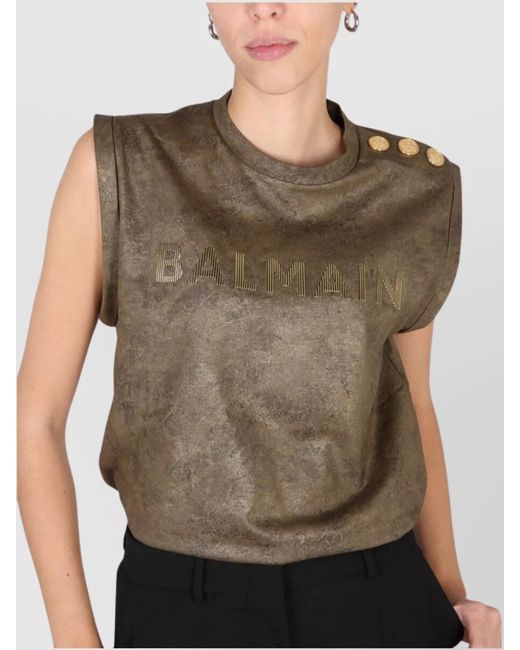 Balmain Metallic Logo T-Shirt Shoulder Buttons | Lyst UK