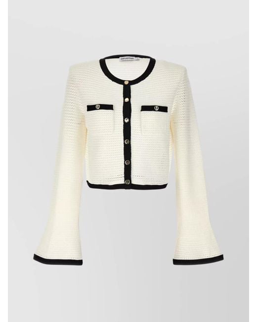 Self-Portrait Crochet Knit Cardigan With Contrast Trim in Natural | Lyst