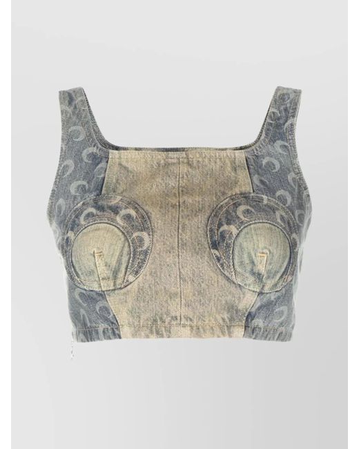 Marine Serre Cropped Denim Bustier With Crescent Moon Print in Gray | Lyst
