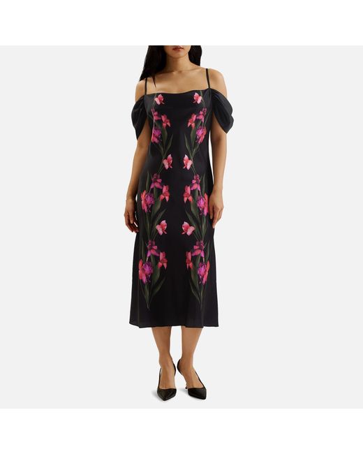 Ted Baker Lucern Satin Midi Dress in Red | Lyst