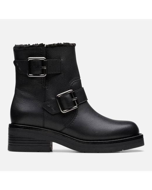Clarks Rebelle Buckle Leather Biker Boots in Black | Lyst