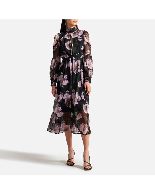 Ted Baker Pohlley Floral Print Mesh Midi Dress In Black Lyst