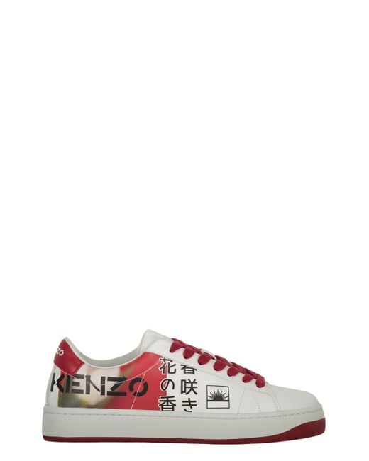 KENZO Logo Detail Leather Sneakers in Red | Lyst