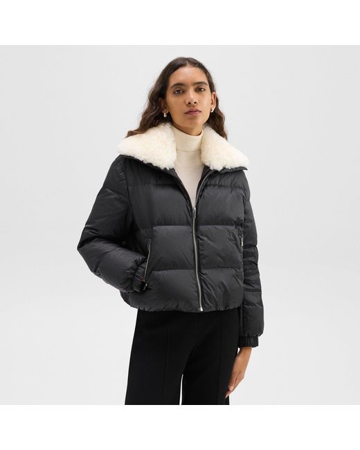 Theory Shearling-Trimmed Puffer Jacket in Black | Lyst