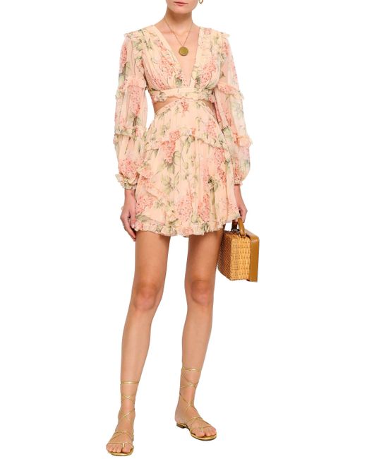 Zimmermann Lace-up Cutout Floral-print Silk-georgette Mini Zimmermann Lace-up Cutout Floral-print Silk-georgette Mini