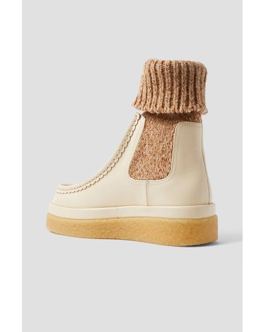 Chloé Jamie Leather And Ribbed-knit Ankle Boots in Natural | Lyst