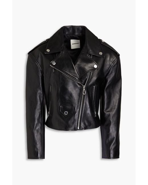 Sandro Cropped Leather Biker Jacket in Black | Lyst