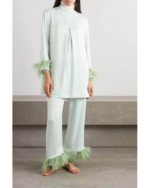 Sleeper Feather-trimmed Satin Pajama Set in Green | Lyst
