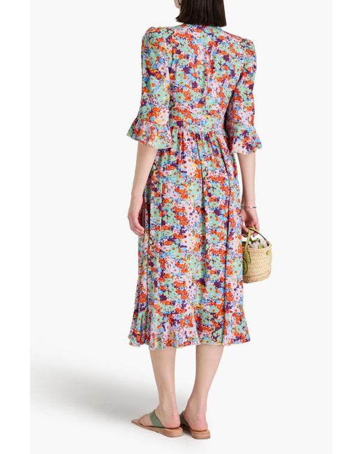 Stine Goya Evelyn Pleated Floral-print Silk Crepe De Chine Midi Dress in Red | Lyst