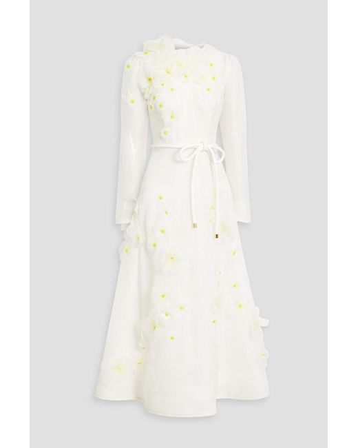 Zimmermann Floral-appliquéd Silk And Linen-blend Organza Midi Dress in White | Lyst