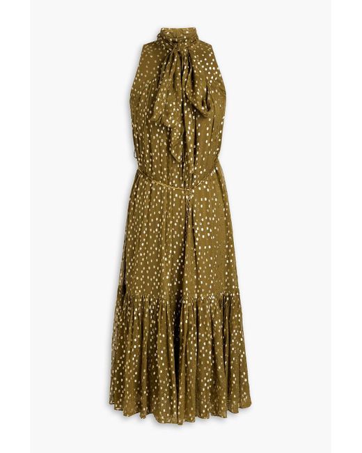 Zimmermann Pussy Bow Metallic Fil Coupé Silk Blend Crepon Midi Dress In