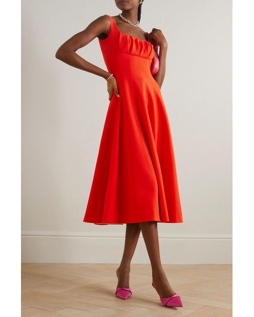 Emilia Wickstead Collins Pleated Wool-crepe Midi Dress in Red | Lyst
