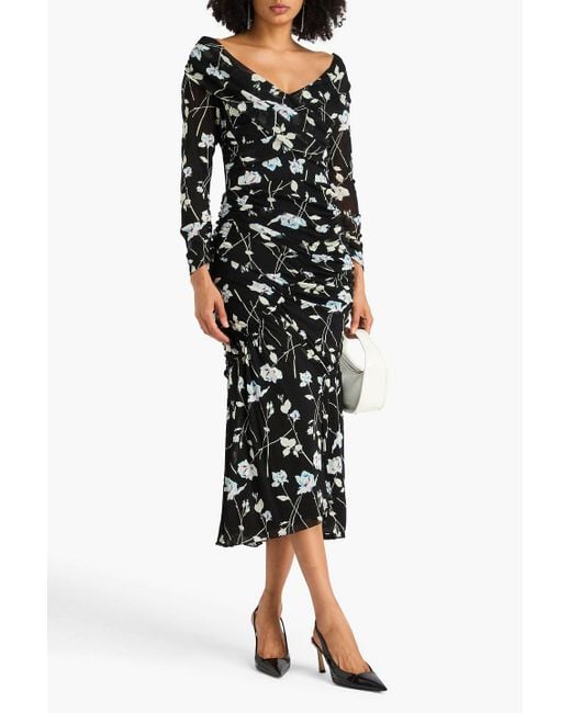 Diane von Furstenberg Ganesa Off-The-Shoulder Ruched Floral-Print Stretch-Mesh Midi Dress in ...