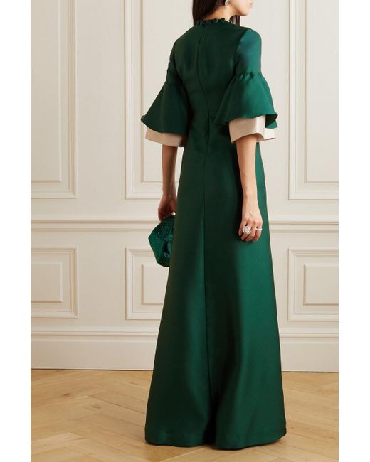 Reem Acra Button Embellished Ruffled Satin Piqué Gown In Green Lyst