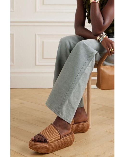 Gianvito Rossi Marbella Leather-trimmed Raffia Platform Slides in Brown ...