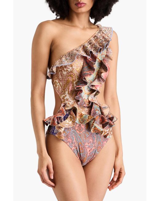 Zimmermann Devi One Shoulder Ruffled Paisley Print Swimsuit In Pink Lyst