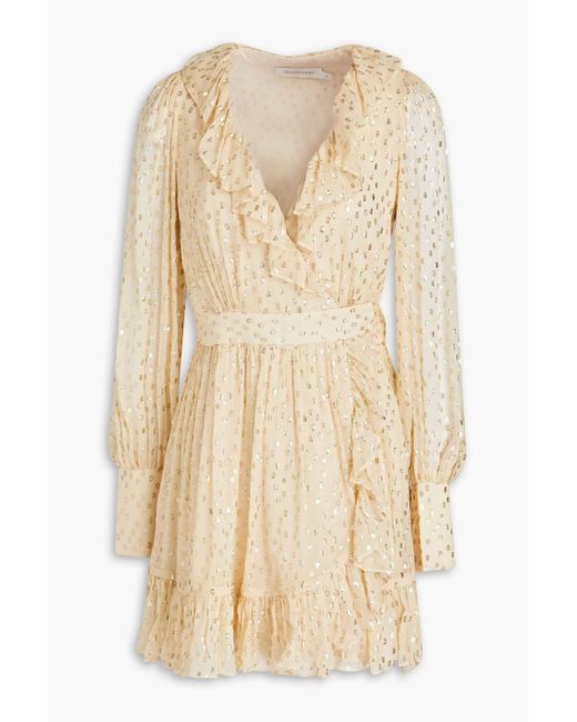 Zimmermann Ruffled Metallic Fil Coupé Silk Blend Mini Wrap Dress In