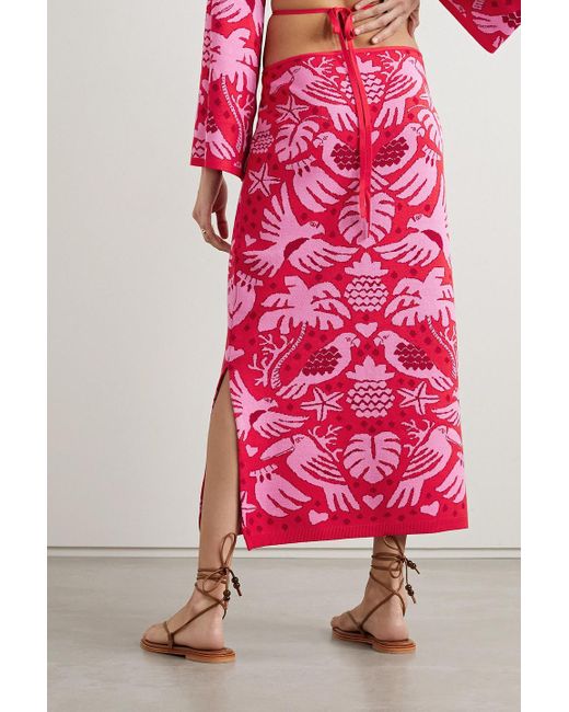 FARM Rio Tie-detailed Jacquard-knit Midi Skirt in Red | Lyst