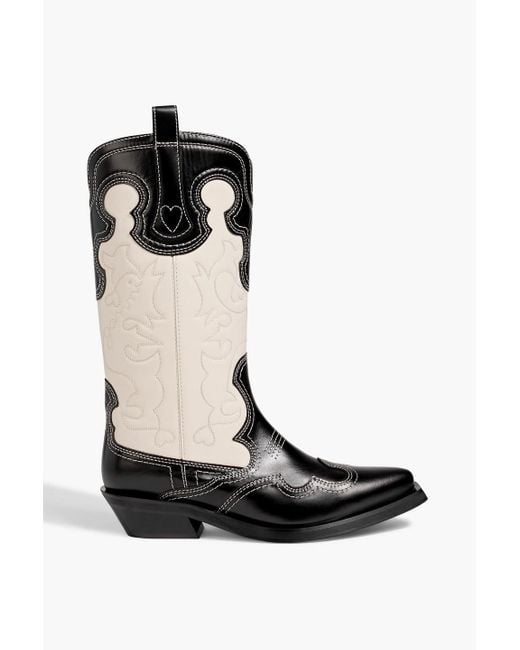 Ganni Two-Tone Embroidered Leather Cowboy Boots in Black | Lyst UK