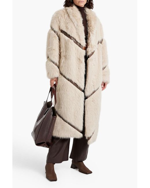 Stand Studio Everleigh Faux Leather-trimmed Faux Fur Coat in Natural | Lyst