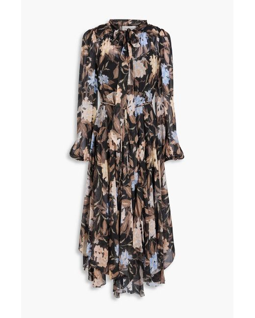 Zimmermann Pussy Bow Floral Print Chiffon Midi Dress In Black Lyst Uk