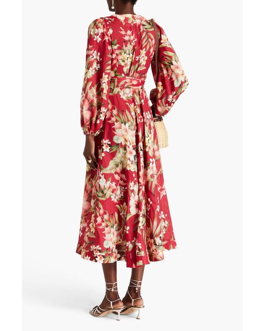 Zimmermann Floral-print Linen Midi Wrap Dress in Red | Lyst