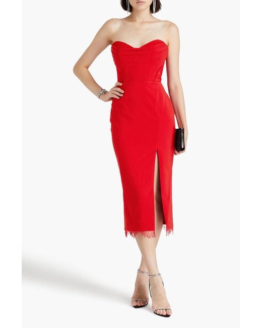 Marchesa Strapless Lace-trimmed Pleated Crepe Midi Dress in Red | Lyst