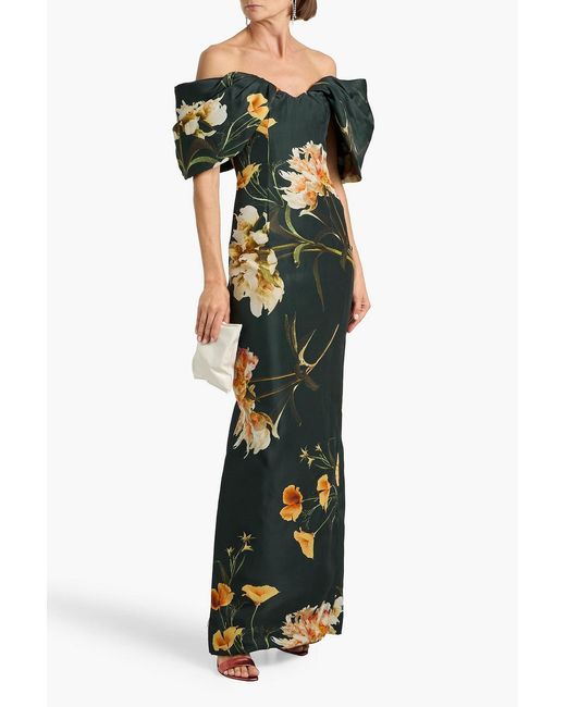 Monique Lhuillier Off-The-Shoulder Draped Floral-Print Silk-Gazar Gown ...