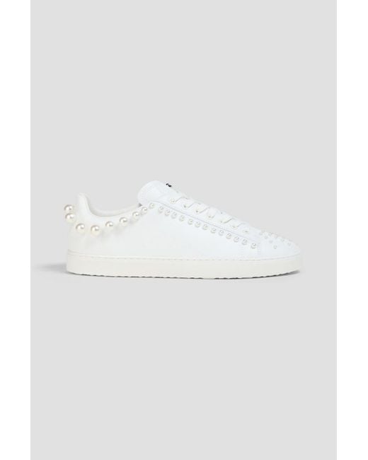 Stuart Weitzman Aci Faux Pearl-Embellished Leather Sneakers in White | Lyst