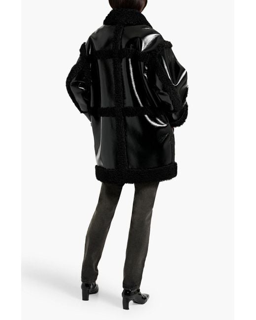 Stand Studio Elsie Faux Shearling-trimmed Vinyl Coat in Black | Lyst