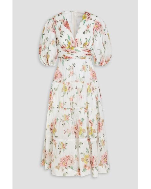Zimmermann Tiered Floral-print Plissé-organza Midi Dress in White | Lyst UK