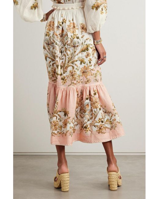 Zimmermann Chintz Belted Tiered Floral-print Linen Midi Skirt in ... Zimmermann Chintz Belted Tiered Floral-print Linen Midi Skirt in ...