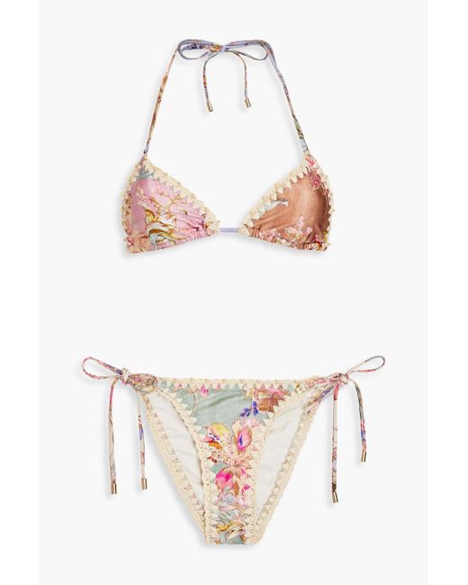 Zimmermann Crochet Trimmed Floral Print Triangle Bikini In Brown Lyst