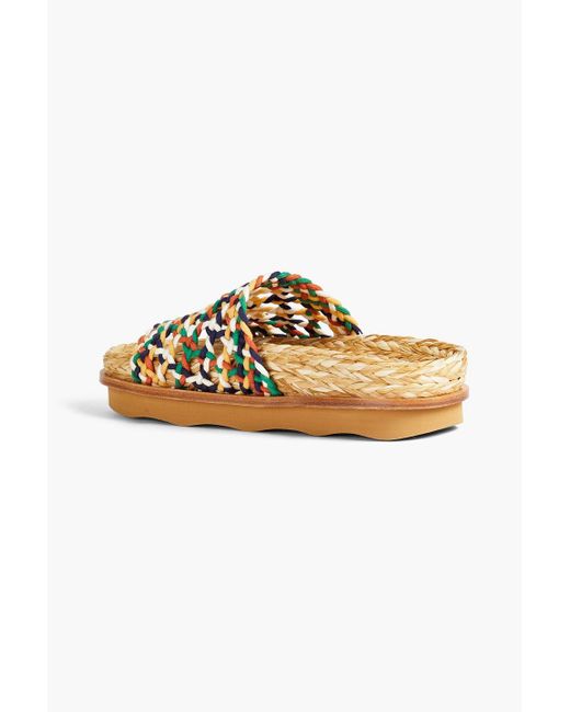 Chloé Macramé And Raffia Platform Slides in Metallic | Lyst