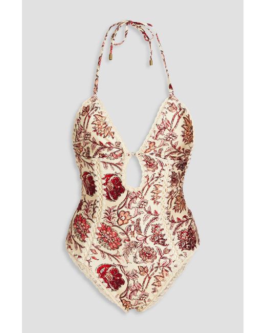 Zimmermann Crochet Trimmed Floral Print Swimsuit In White Lyst