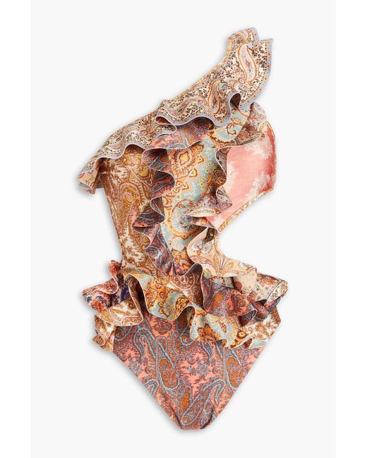 Zimmermann Devi One Shoulder Ruffled Paisley Print Swimsuit In Pink Lyst