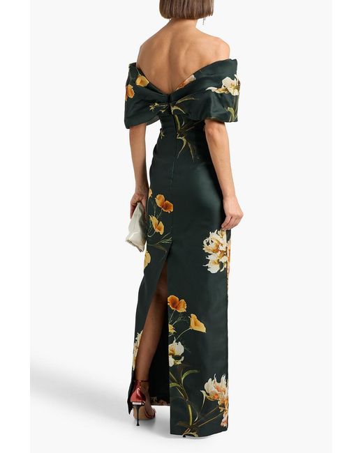 Monique Lhuillier Off-The-Shoulder Draped Floral-Print Silk-Gazar Gown ...