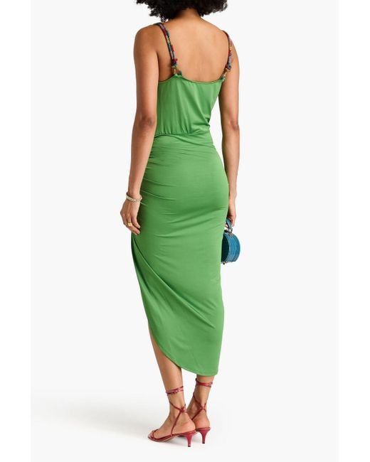 Veronica Beard Biava Asymmetric Bead-Embellished Satin-Jersey Midi ...