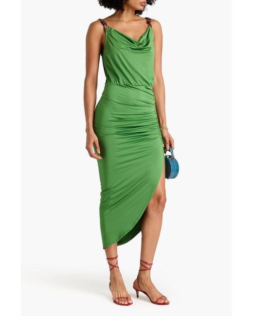 Veronica Beard Biava Asymmetric Bead-Embellished Satin-Jersey Midi ...